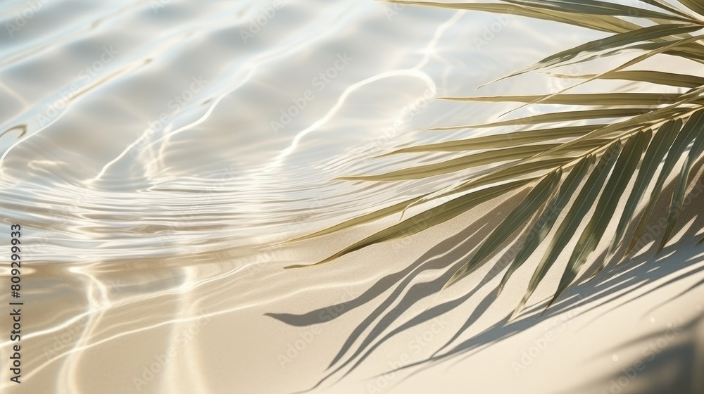 Palm leaf floating in crystal clear swimming pool water with sun flare ...