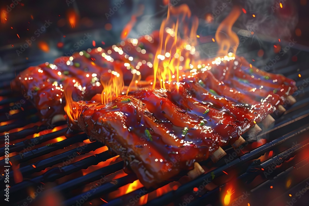 sizzling barbecue pork ribs on flaming grill delicious summer cookout ...