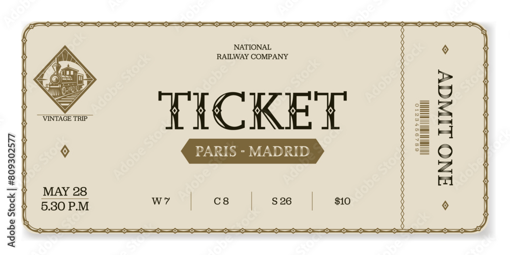 Vintage train ticket template on a light background with golden accents ...
