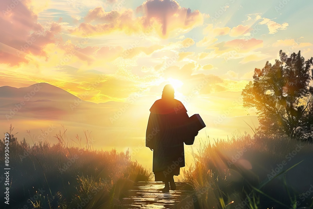 holy jesus christ guiding the bright path silhouette in sunlight with ...