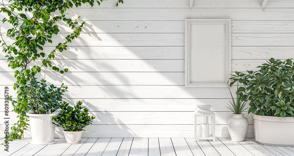 White Patio with Plants and Frame Mockup. A serene white patio with a ...