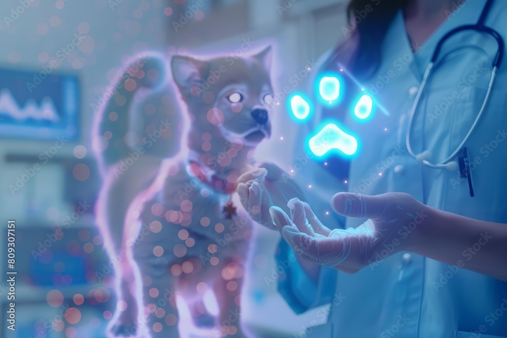 Amazing of a veterinarian treating a pet, with glow HUD big icon of a ...