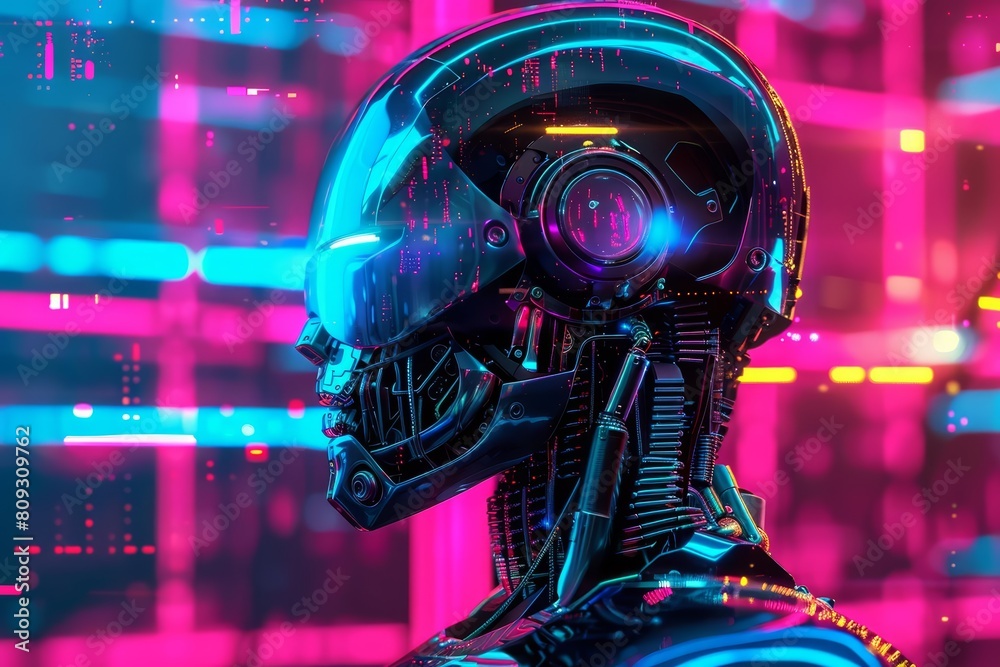 Neon color of a hightech robot embodies the synthesis of artificial ...