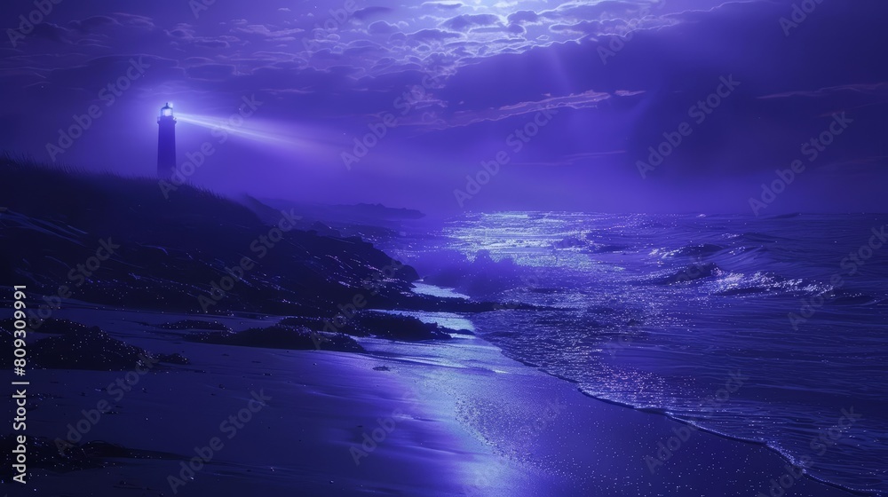 On a secluded beach, a solitary lighthouse beams ultraviolet light ...
