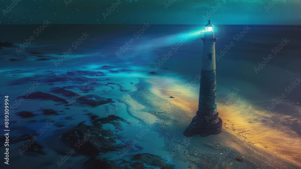 On a secluded beach, a solitary lighthouse beams ultraviolet light ...