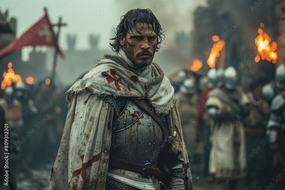 soldier with a sword, a gun. A fierce battle between a knight in ...