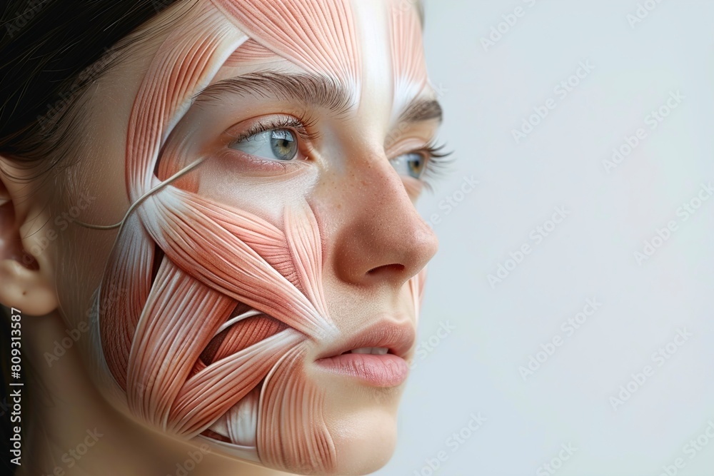 Young woman with half of face with muscles structure under skin. Model ...