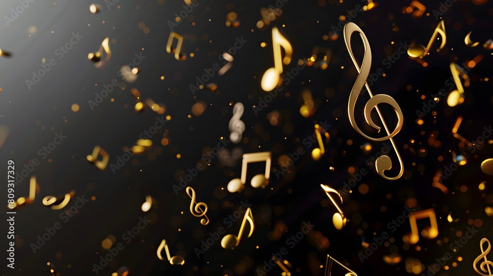 Gold musical notes flying in the air on black background with copy ...