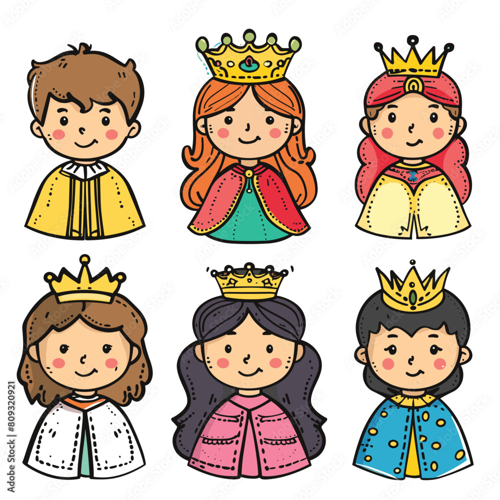 Six cute cartoon characters resembling children dressed monarchs ...