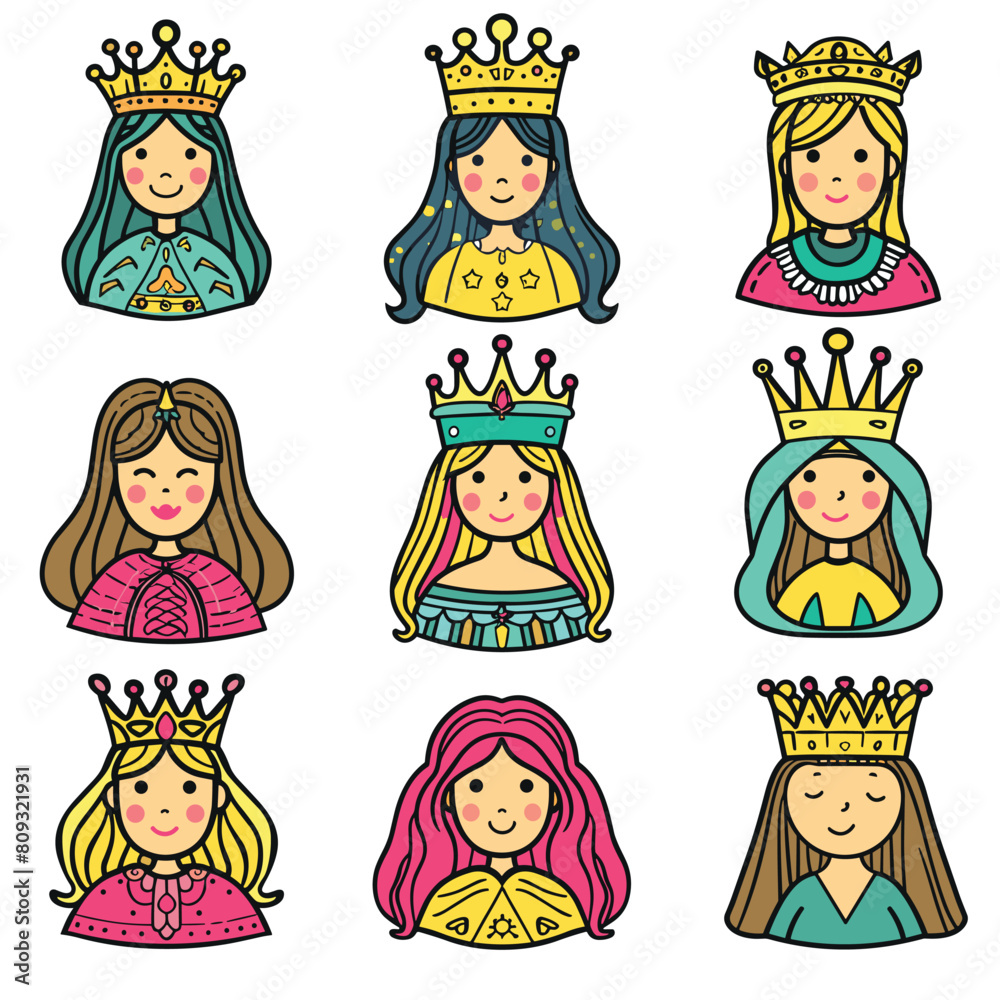 Collection nine cartoon princesses various hairstyles crowns, princess ...