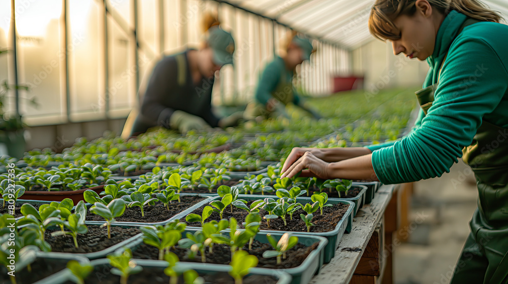 Horticulturists Cultivating Young Plants in a Greenhouse Environment ...