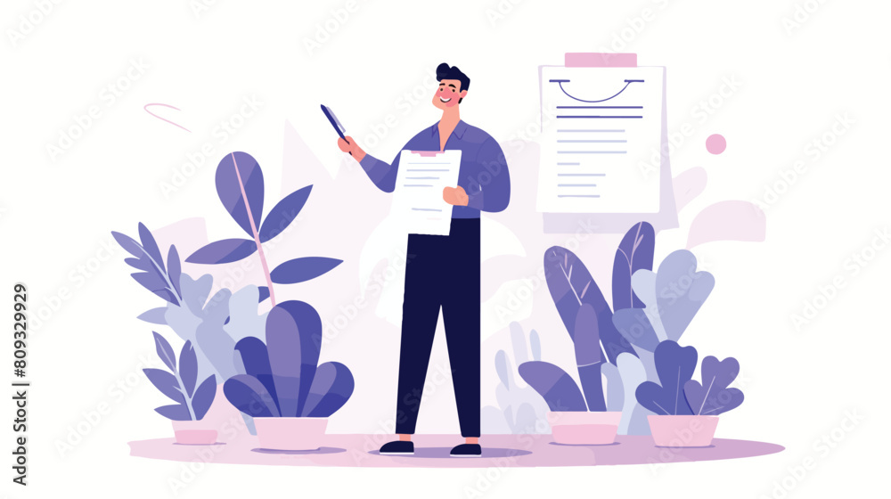 Smiling guy standing beside giant check list and ho Stock Vector ...