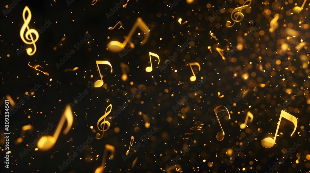 Gold musical notes flying in the air on black background with copy ...