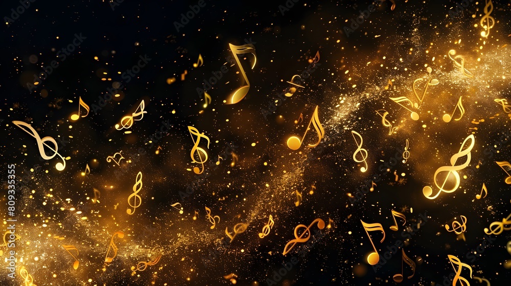 Gold musical notes flying in the air on black background with copy ...
