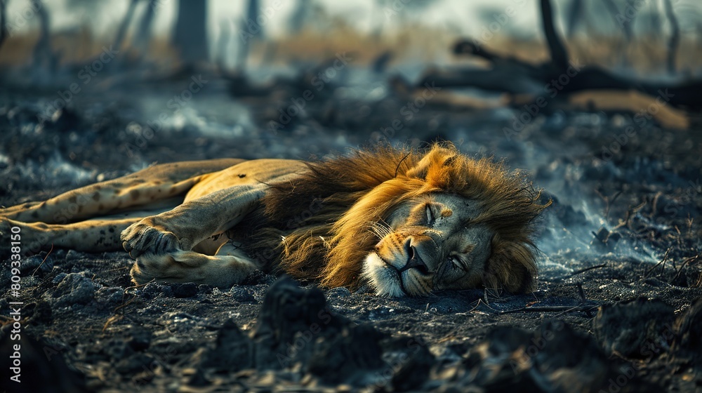 Africa lion, male. Botswana wildlife. Lion, fire burned destroyed ...