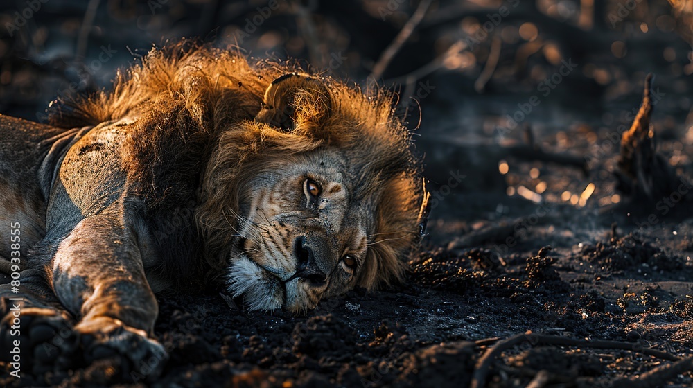 Africa lion, male. Botswana wildlife. Lion, fire burned destroyed ...