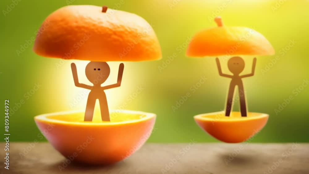 Minimalist conceptual image featuring two halved oranges, one with a ...