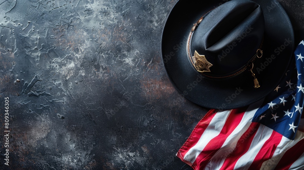 Sheriff's hat on top of American flag, against textured dark background ...