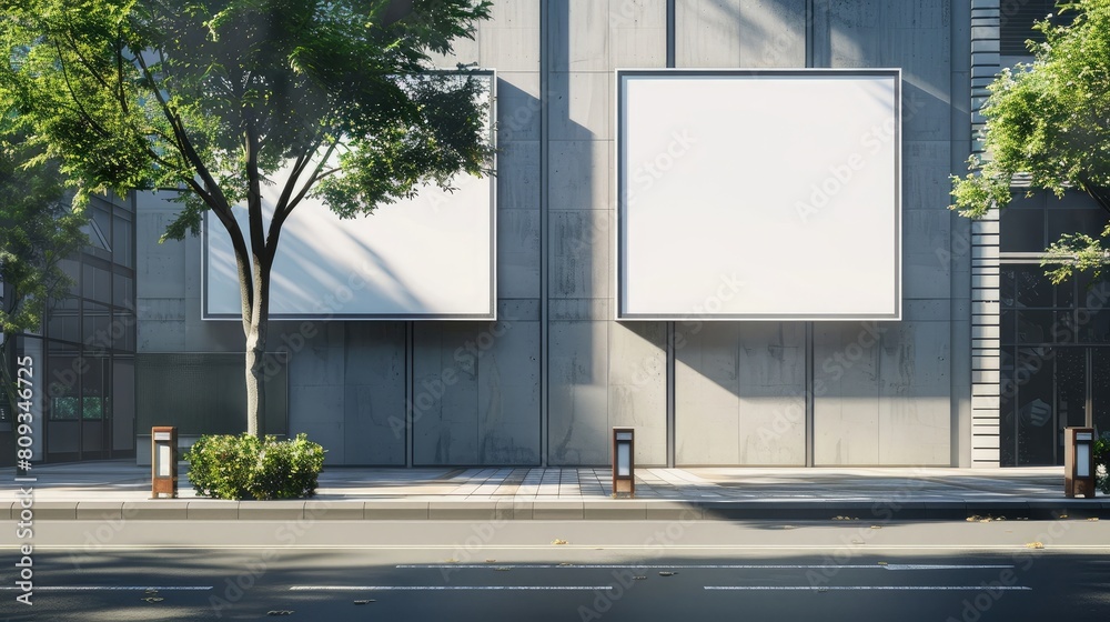 A modern building exterior with two blank white billboards for ...