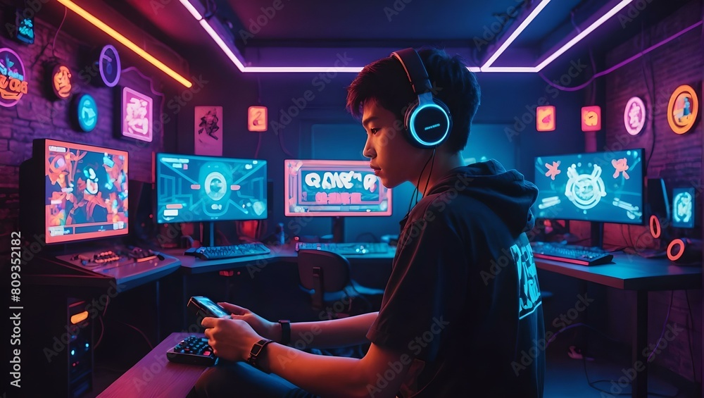 Asian teenage boy gamer with headphones playing in gamer saloon, anime ...