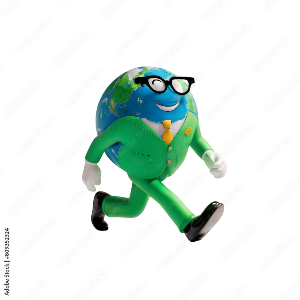 3D cartoon walking earth planet character on transparent background ...