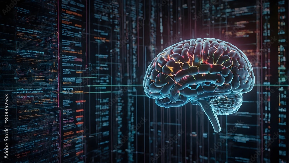 Brain-Computer Interface Technology. A holographic brain scan on a screen surrounded by data ...