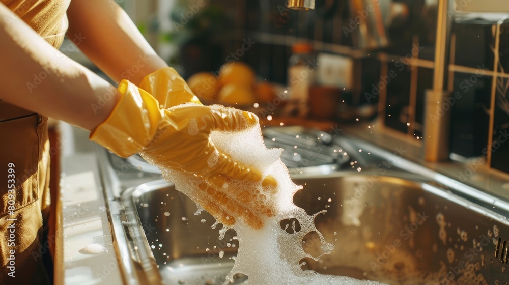 Hands of woman, gloves and washing dishes in kitchen, brush chores and ...