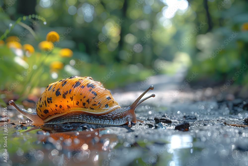The slick, slimy texture of a slug's trail, leaving a glistening trail ...