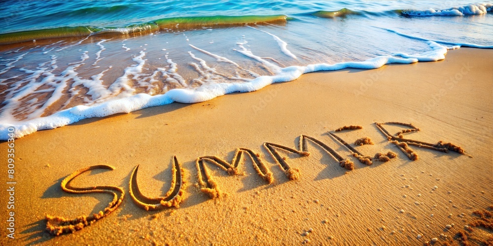 Summer on the Shore. SUMMER is inscribed on the beach at a dynamic ...