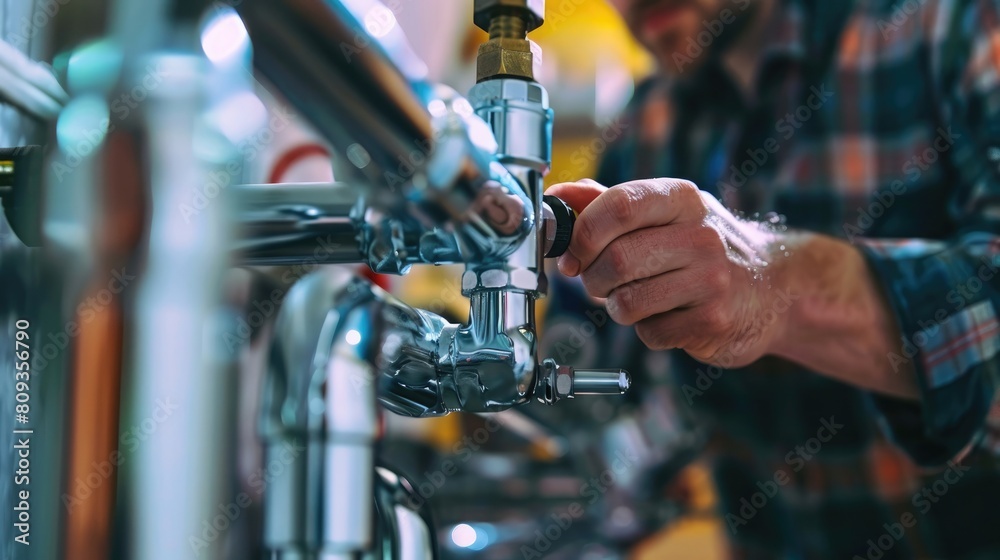 Foto de Man, plumber and check faucet pipes for building maintenance ...