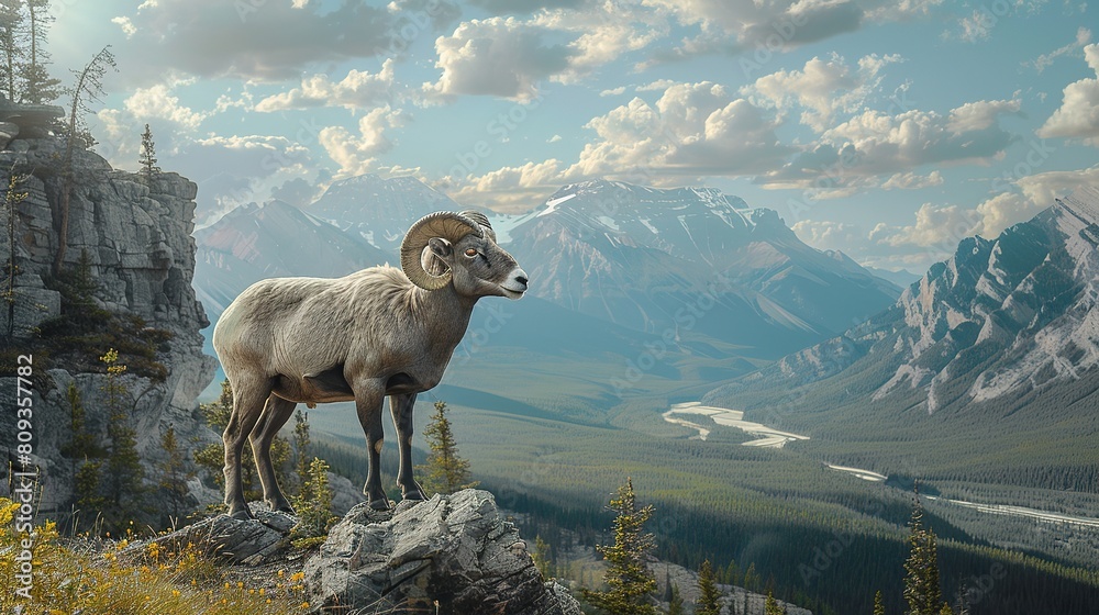 Standing BigHorn Sheep (Ovis canadensis) ram portrait. Canadian Rockies ...