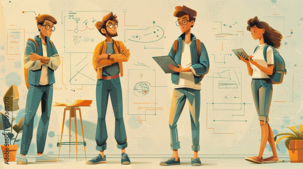 Four animated characters, resembling young students, are engaged in ...