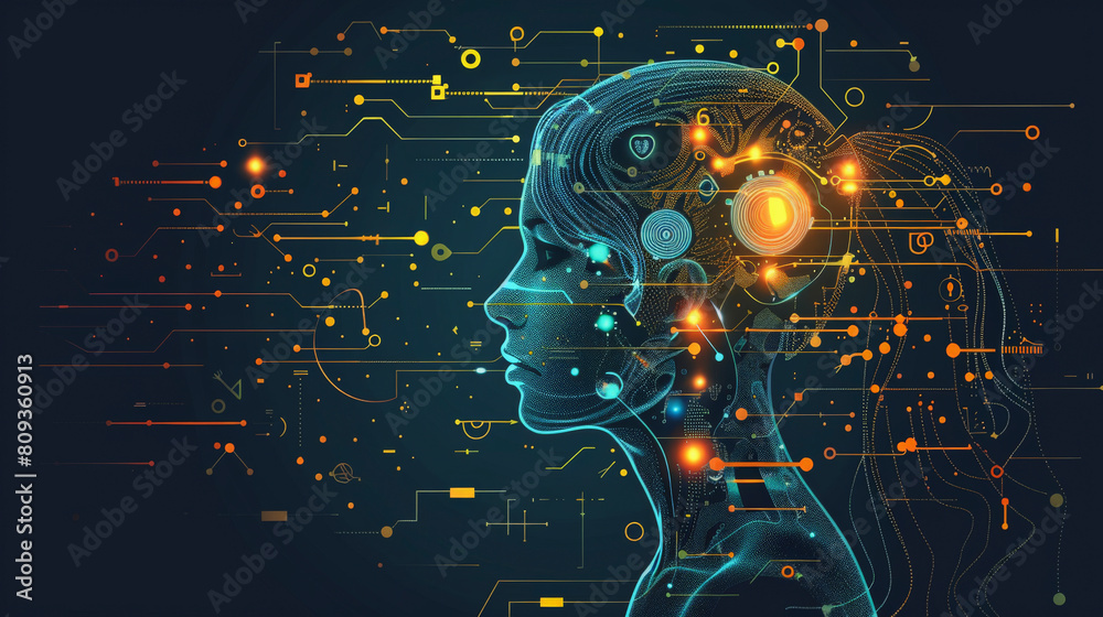 Intelligent EcoDigital illustration of a human head silhouette overlaid ...