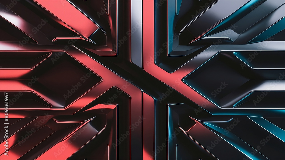 Metallic background with geometric shapes in black, red and blue colors ...