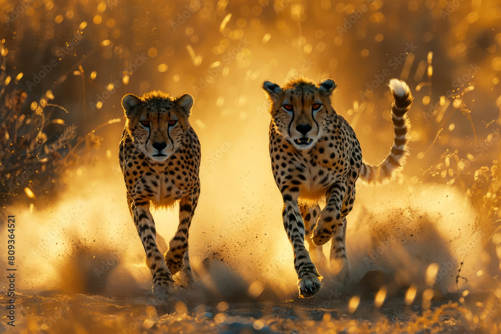 African cheetahs in full sprint, legs outstretched and tails streaming ...