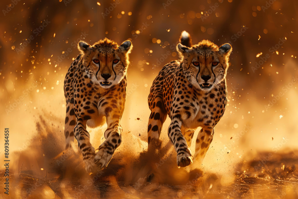 African cheetahs in full sprint, legs outstretched and tails streaming ...
