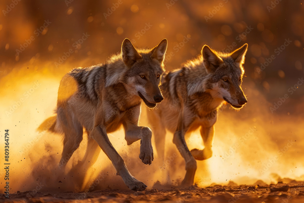 African Ethiopian wolves in a spirited charge through the desert at ...