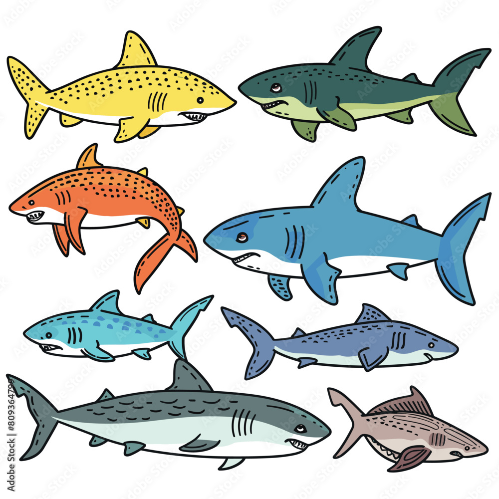 Colorful sharks swimming, different species ocean wildlife illustration ...
