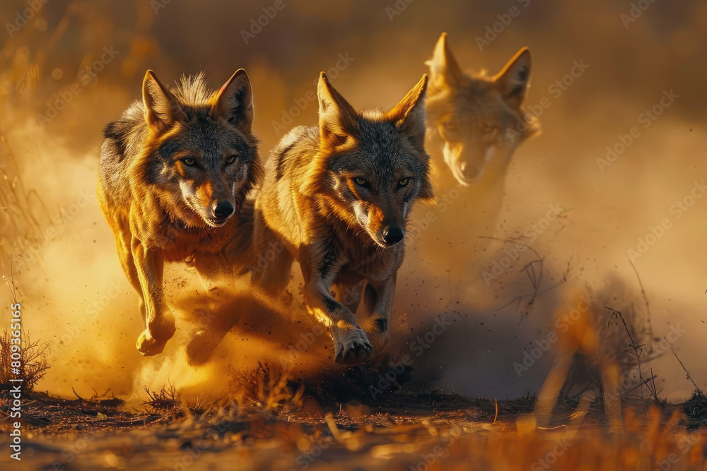 African Ethiopian wolves in a spirited charge through the desert at ...