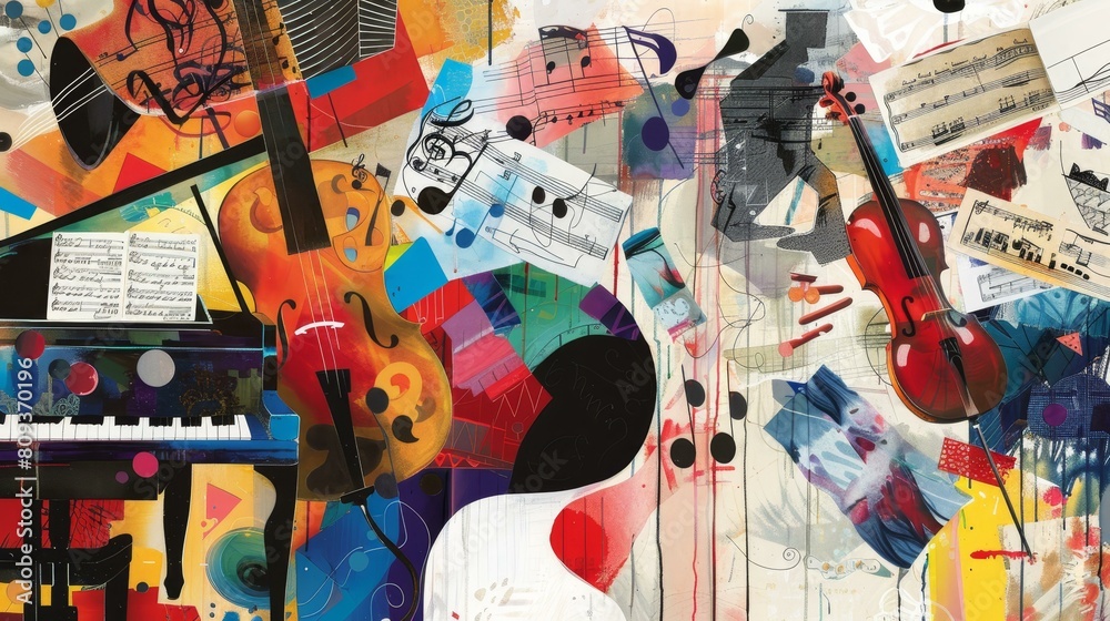 Musical themed collage Album covers, notes, artistic instrument ...