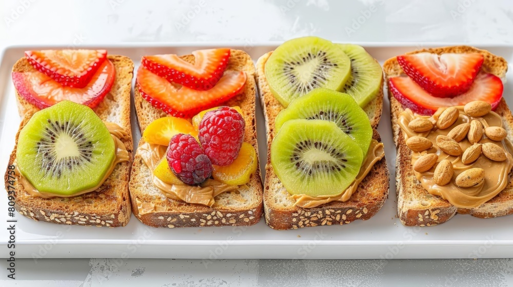 fruit and nut butter toasts on white plates, topped with sliced kiwi ...