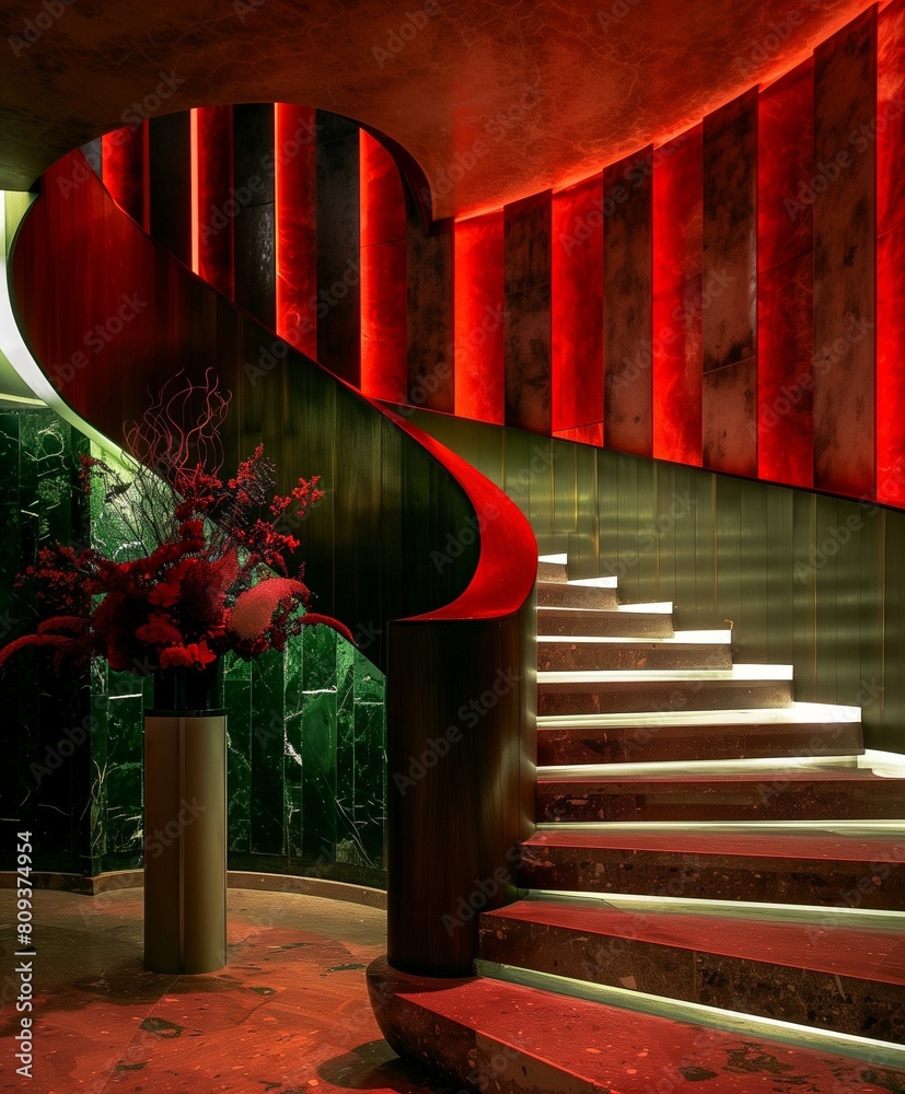 Realistic indoor photo of a lavish marble staircase a luxury hotel ...