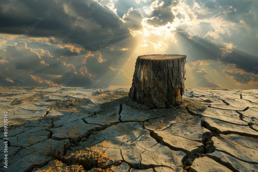 Stump from felled tree in drought concept. Record summer heat ...