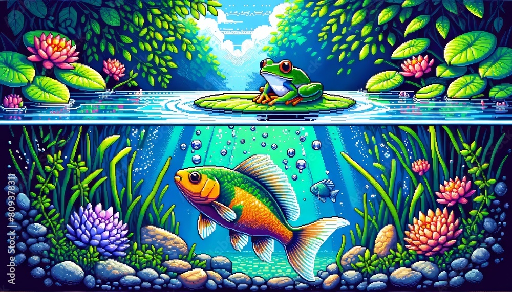 A pixel art scene showing a frog on the surface of a pond with a fish ...