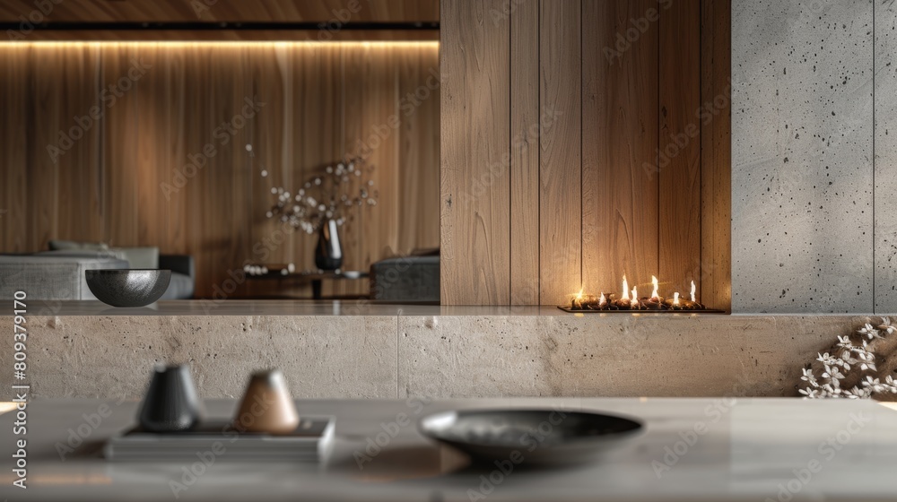 Detailed view of a modern fireplace, showcasing a blend of warm wood ...