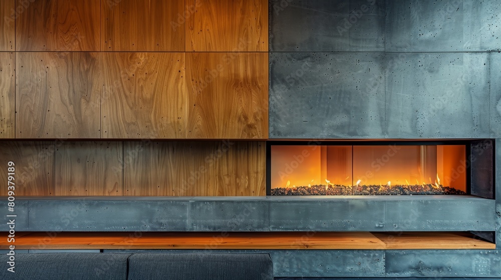 Detailed view of a modern fireplace, showcasing a blend of warm wood ...