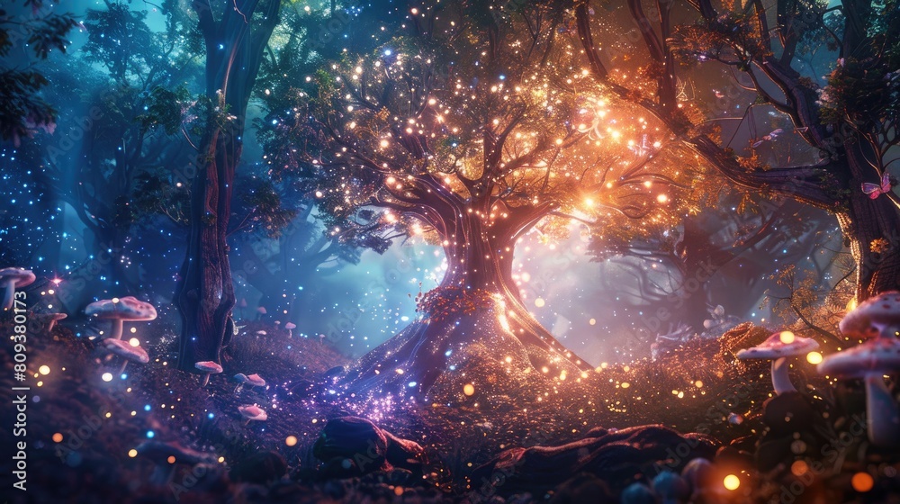 A magical tree with glowing leaves and twinkling lights in a dreamy ...