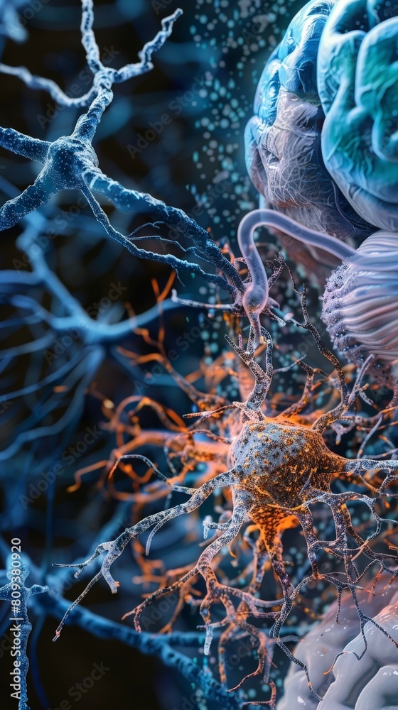 A 3D rendered comparison of healthy and diseased brain tissue Highlight ...