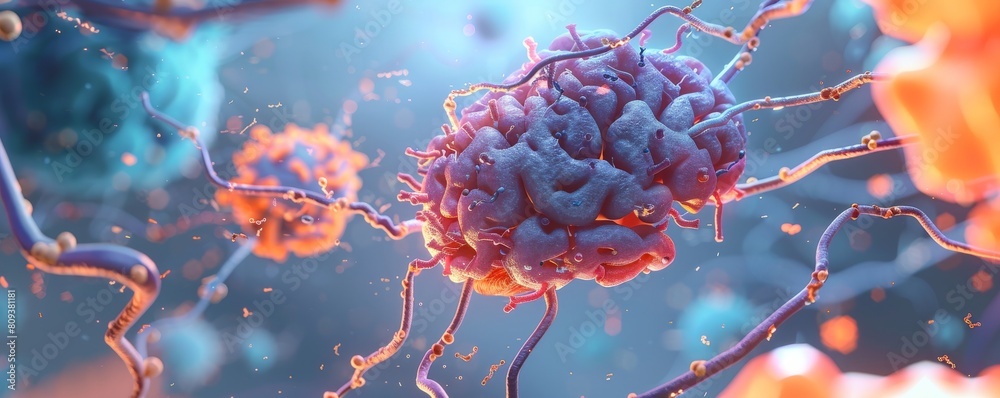 A 3D rendered model of a brain with specific cell types highlighted ...