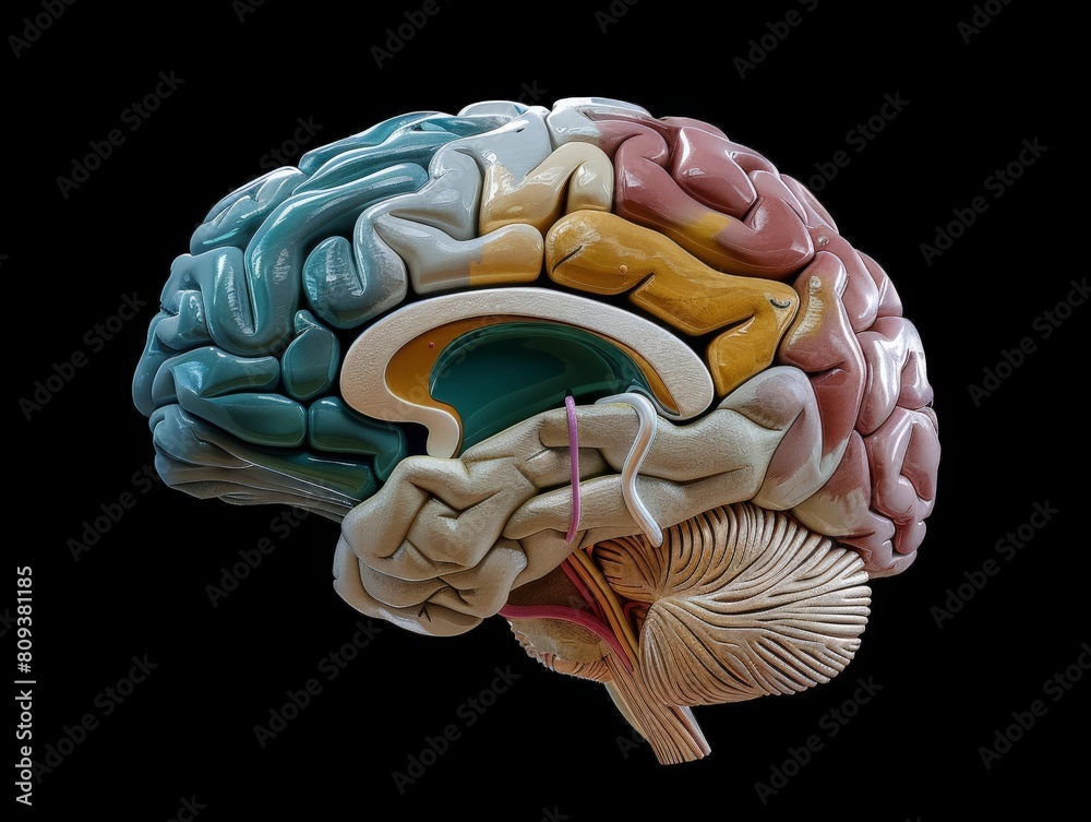 A 3D rendered model of a brain with specific cell types highlighted ...